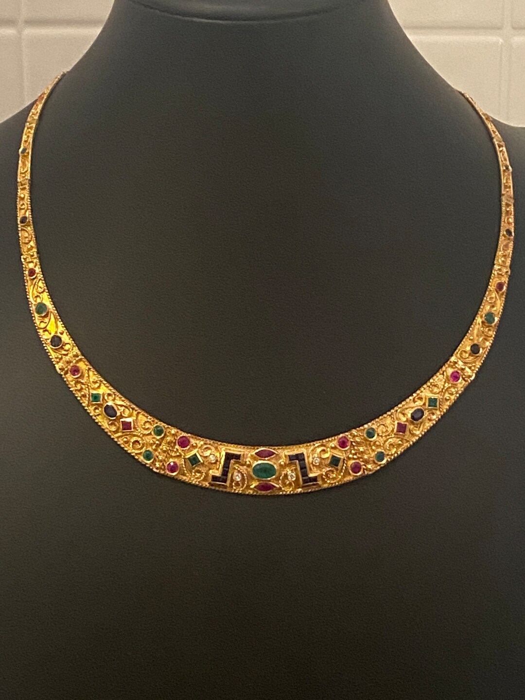 Gorgeous Greek Alexander Sapphire Emerald Ruby Diamond 18K Gold Choker ...