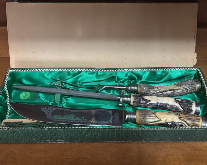 Vintage Baron Solingen Carving Set, Antler Handles Carved Animals ...