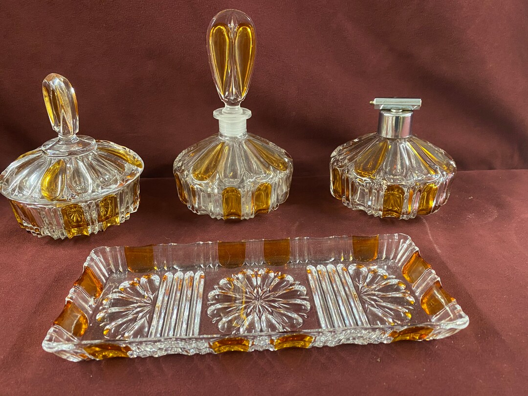Vintage Flashed Amber Cut to Clear Crystal Dressing Table 4 Piece Set ...