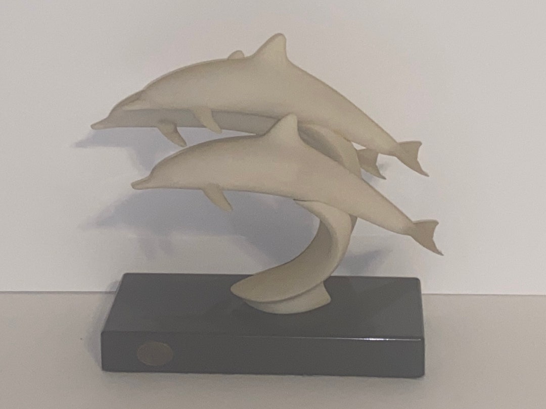 Vintage John Perry Dolphin Sculpture: Three Leaping Dolphins With Black ...