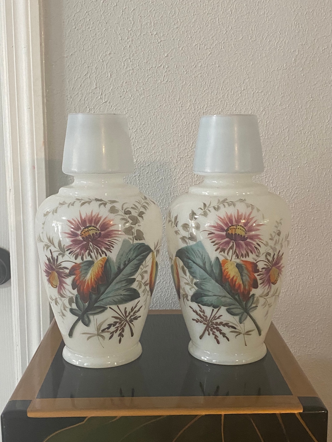 Vintage Gorgeous Pair of Hand Painted Bristol Vases, Clambroth Glass ...