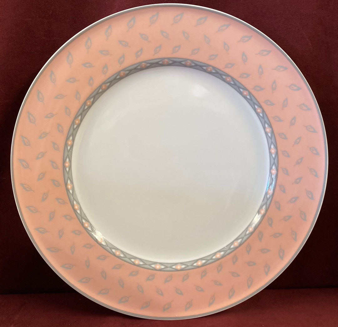 Vintage Mikasa Cravat Dinner Plates, Set of 12, Coral Rim Gray Leaves ...