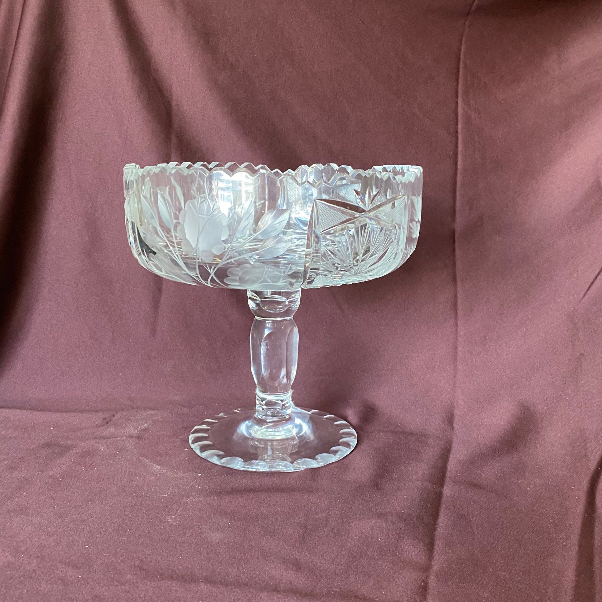 Large Heavy Cut Crystal Compote with Intaglio Floral Pattern | Etsy