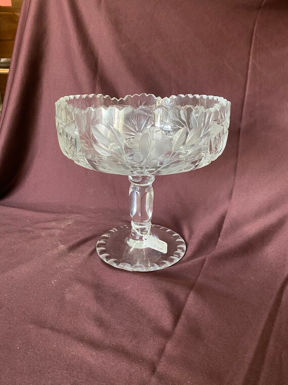 Large Heavy Cut Crystal Compote with Intaglio Floral Pattern | Etsy