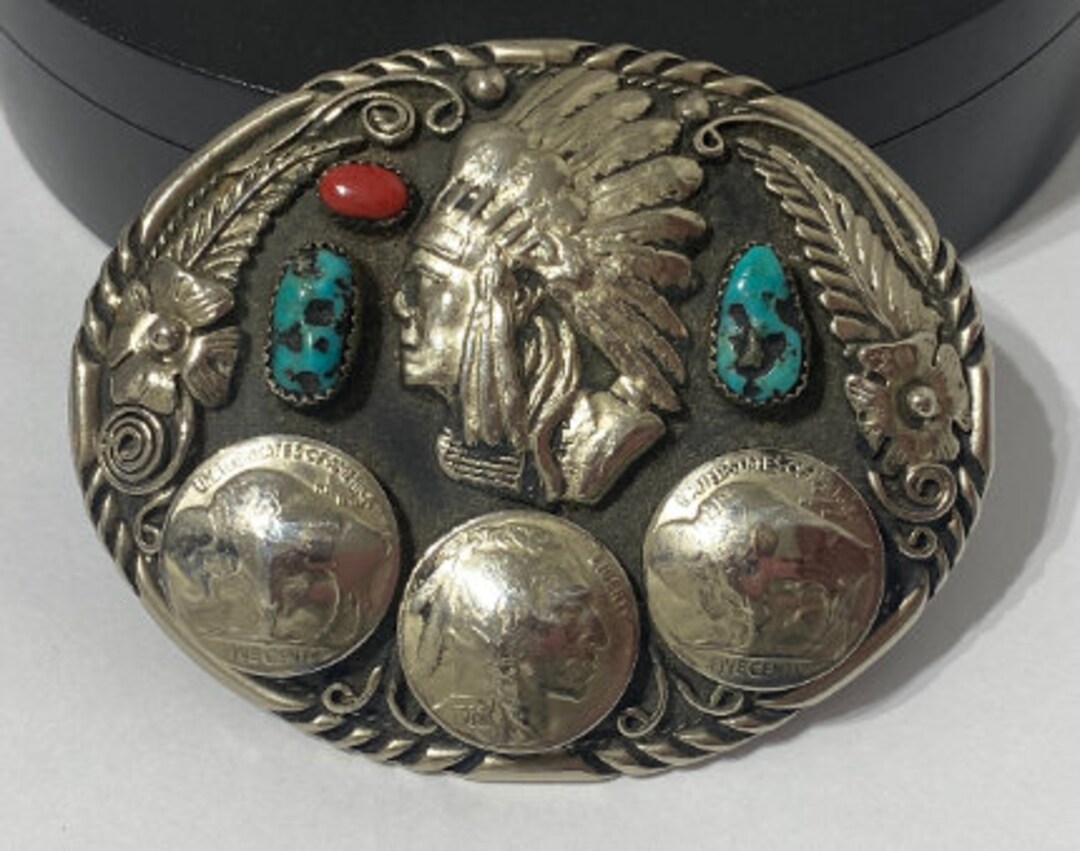 Vintage Turquoise Red Coral Buffalo Nickel Belt Buckle Squash Blossom ...
