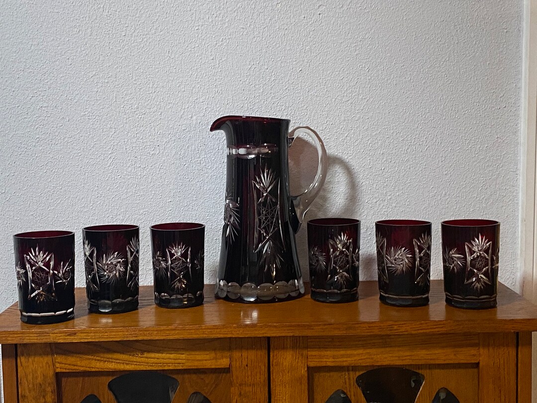 Gorgeous Antique Bohemian Ruby Red Cut to Clear Glass Water Pitcher ...