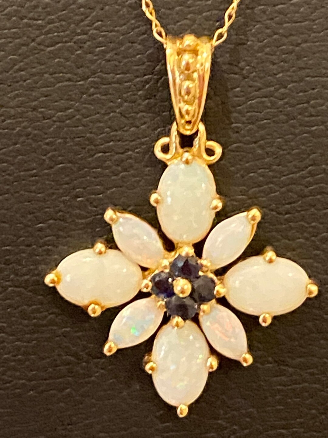 Extraordinary 14K Gold Opal Petal Pendant With Small Sapphire Stones in ...