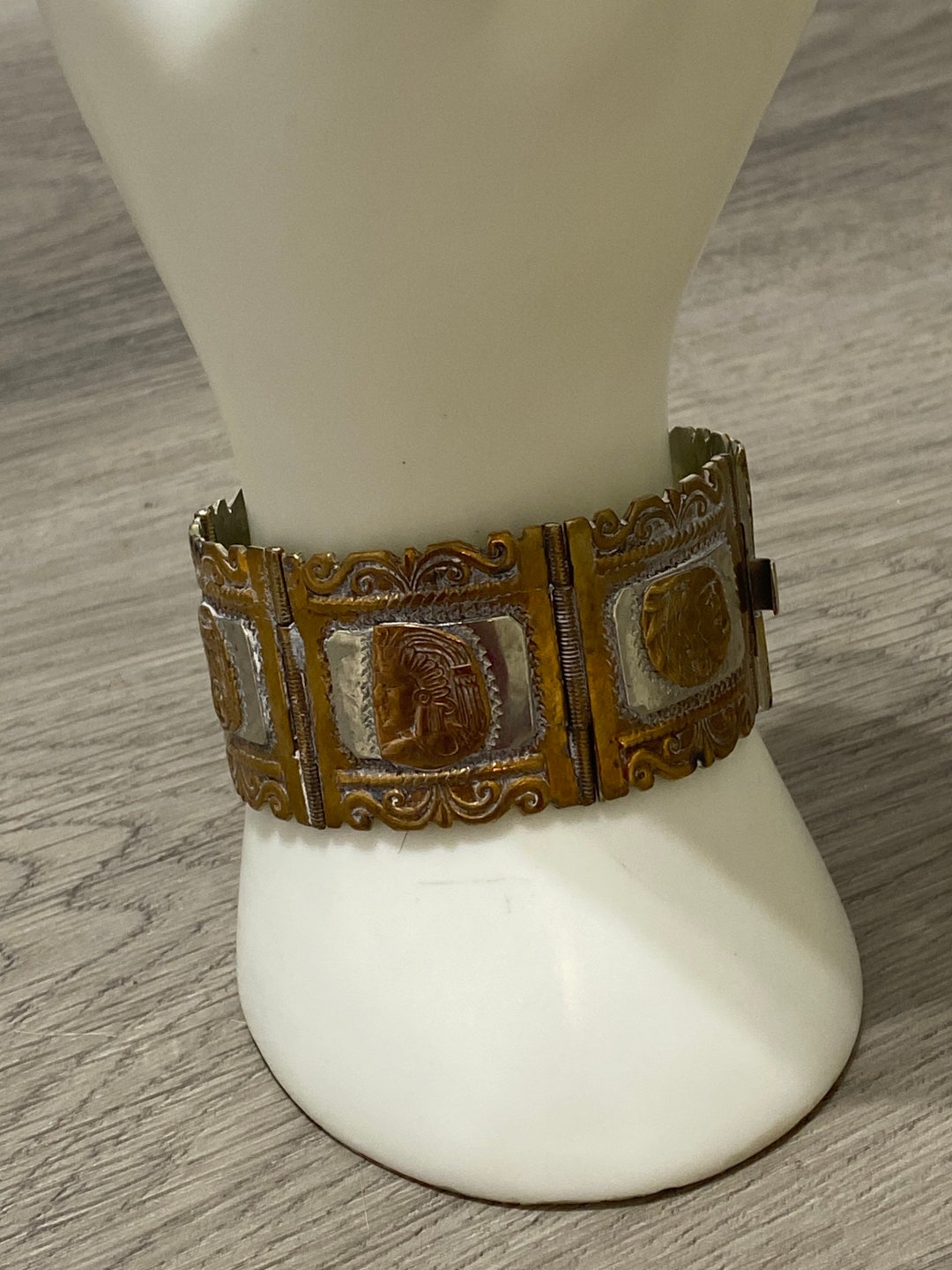 Vintage Gorgeous Sterling Silver Mexico Aztec Panel Gold Tone Bracelet ...