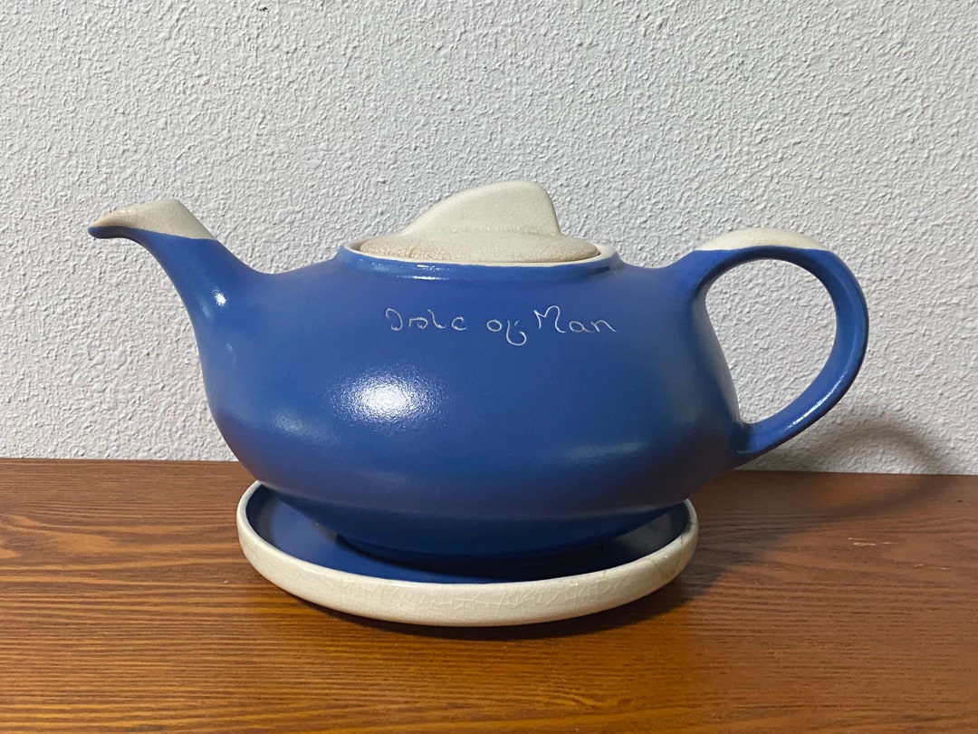 Vintage Isle of Man Blue Teapot With Hot Plate - Etsy