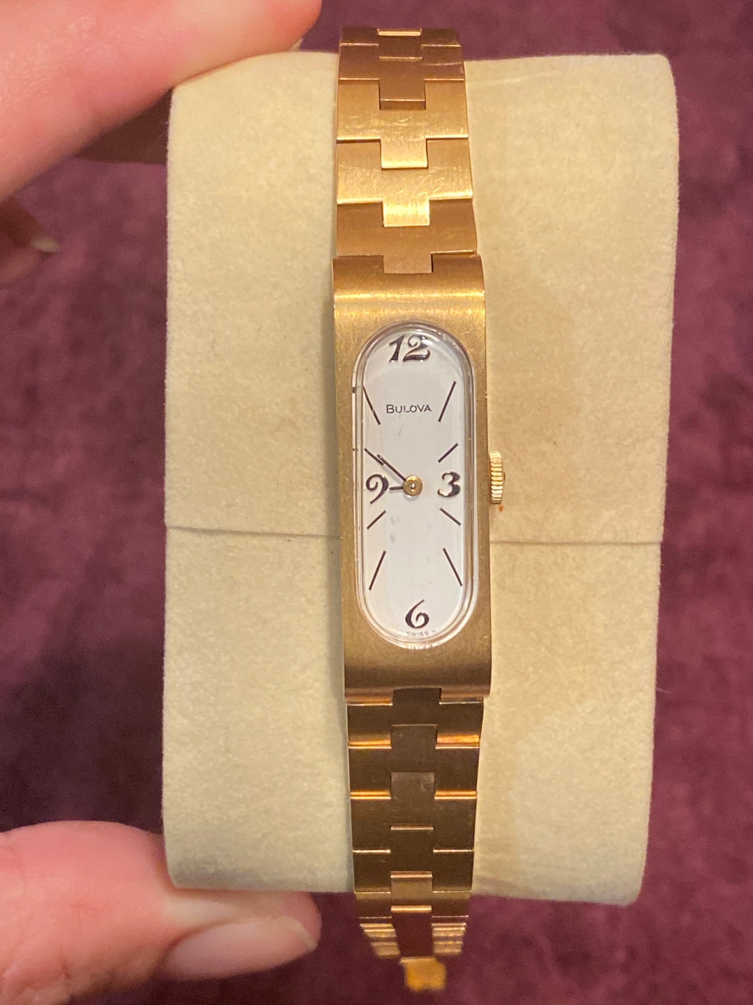 Vintage Bulova Ladies Watch: Gold Encrusted Bezel, Stainless Steel Band ...
