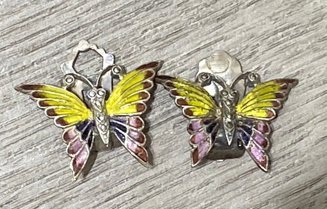 Vintage Sterling Silver Butterfly Clips: Yellow & Purple Enamel, Lot of ...