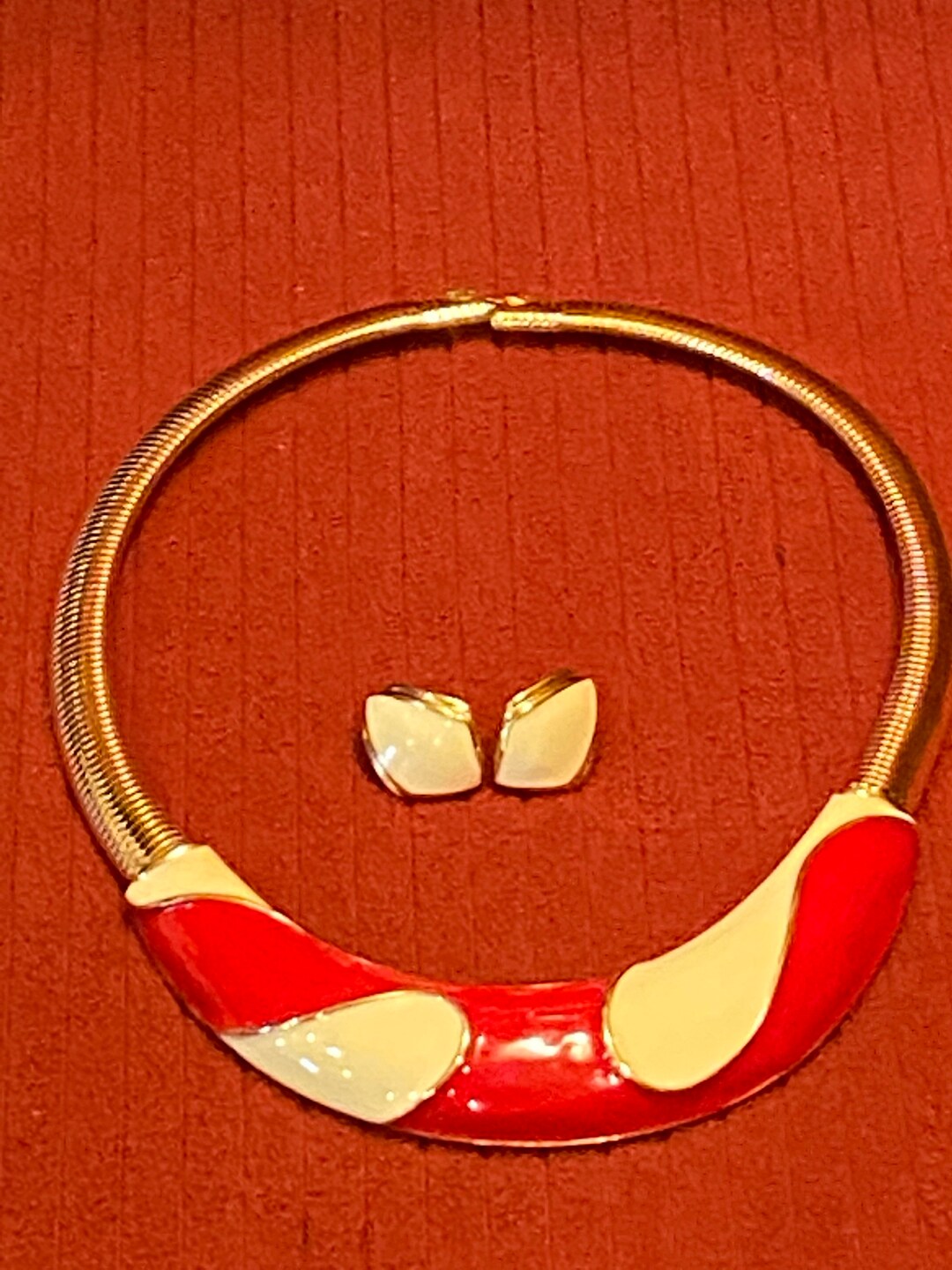 Vintage Monet Enamel Necklace and Earrings Set: Red and White, Gold ...