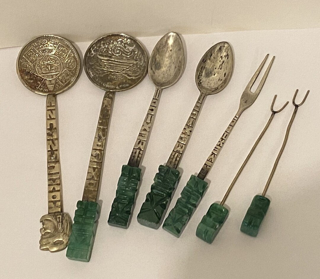 Vintage Lot of 7 Mexican Spoons, Some Sterling, Alpaca, Jade Totem ...