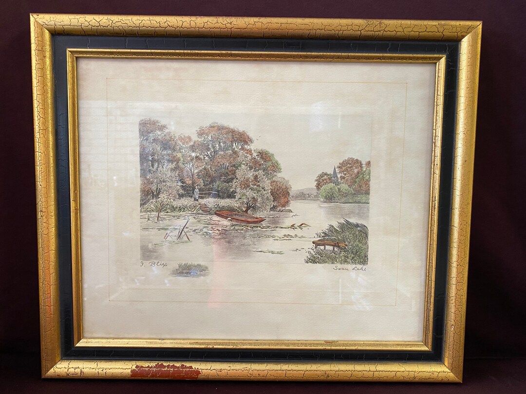 Vintage J. Blix Etching Framed Print, "swan Lake" Signed by Artist, 14 ...