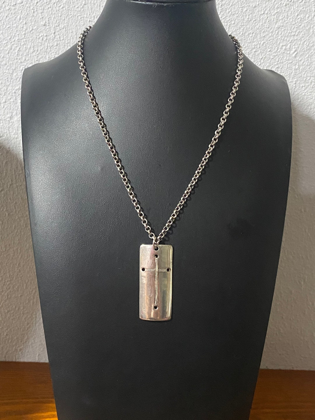 Remarkable Silver Rectangular Pendant With Cross on It, Designs Etched ...