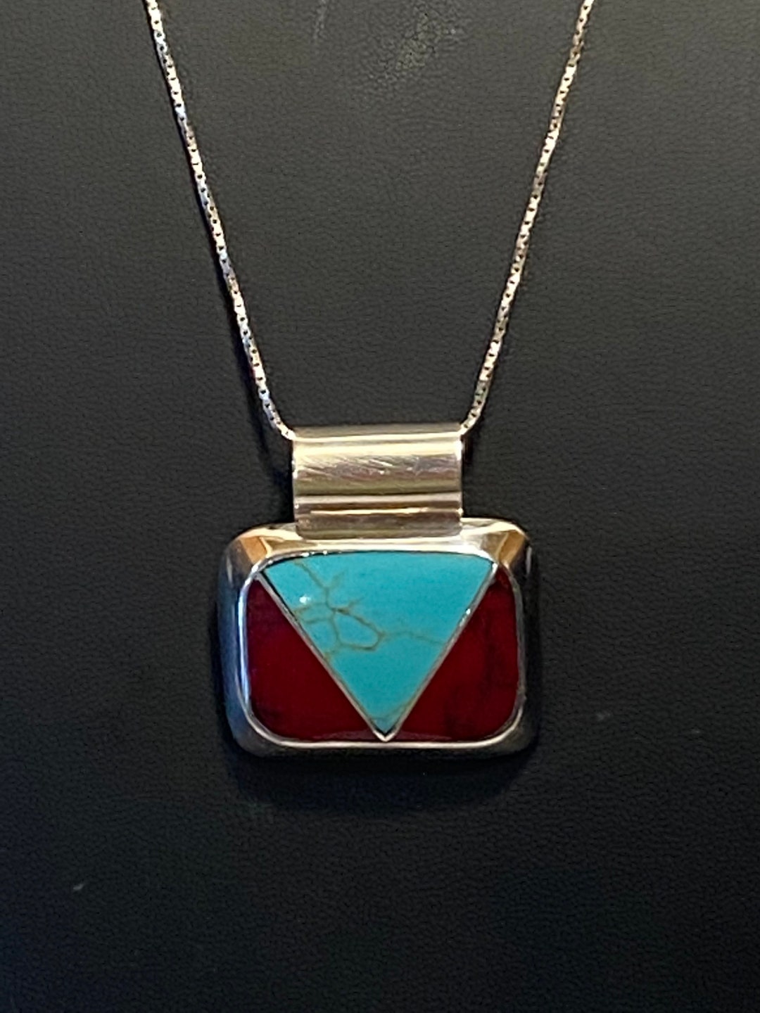 Vintage Sterling Silver Mexico Pendant: Turquoise & Coral Inlay - Etsy