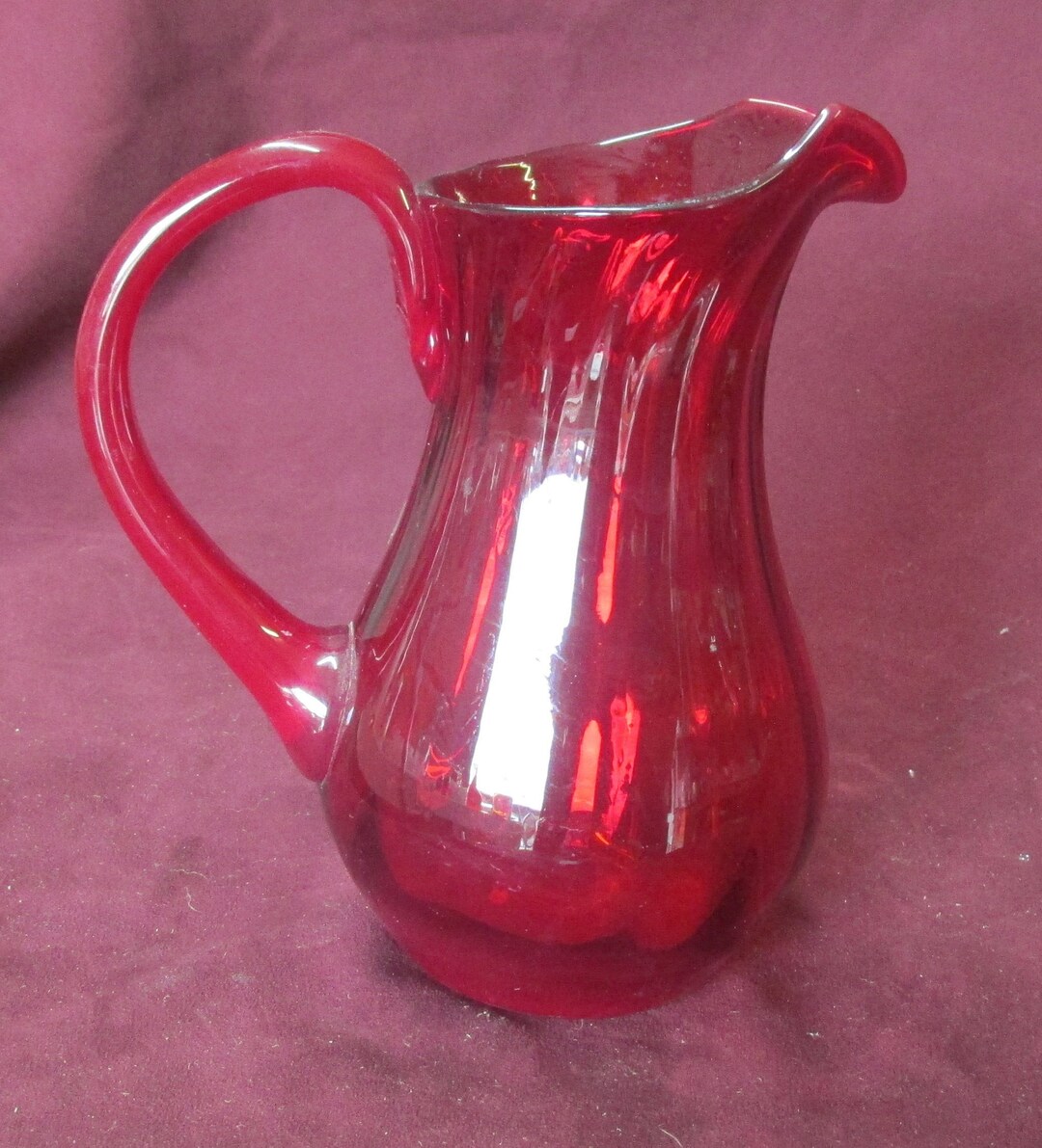 Handmade Ruby Red Glass Pitcher: Vintage Optic Vertical Bands - Etsy