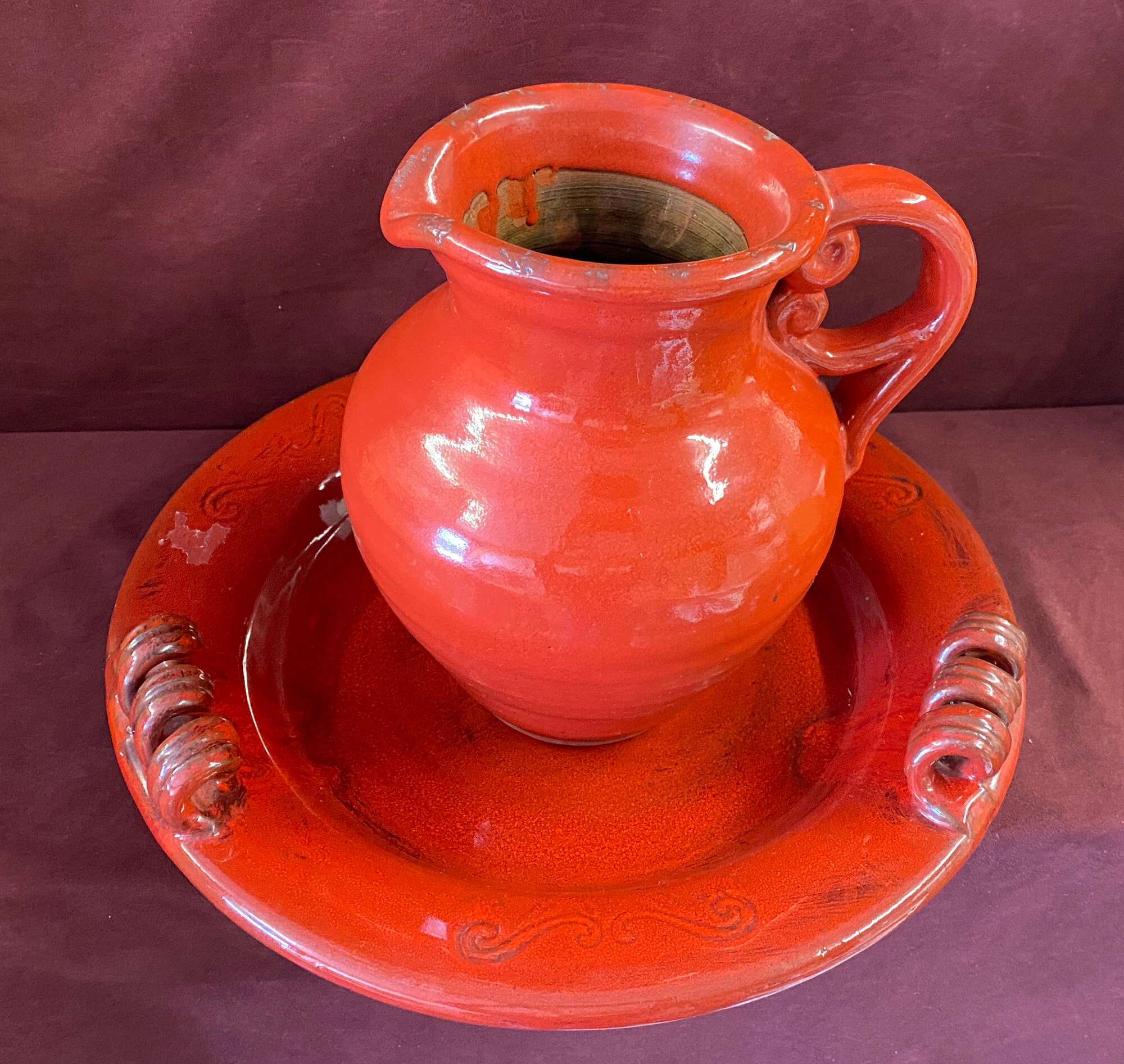 Vintage Gorgeous Pottery Red Pitcher and Basin Basin | Etsy