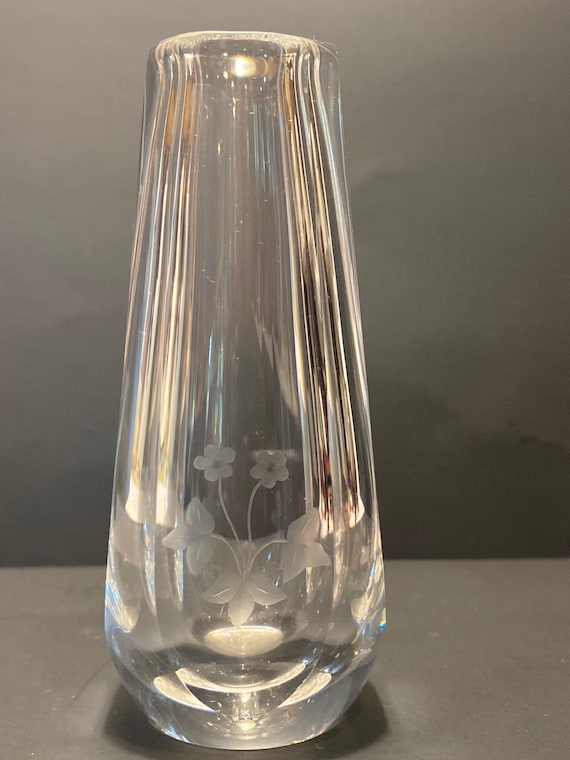 Vintage Signed Crystal Glass Bud Vase Etched With Flowers | Etsy