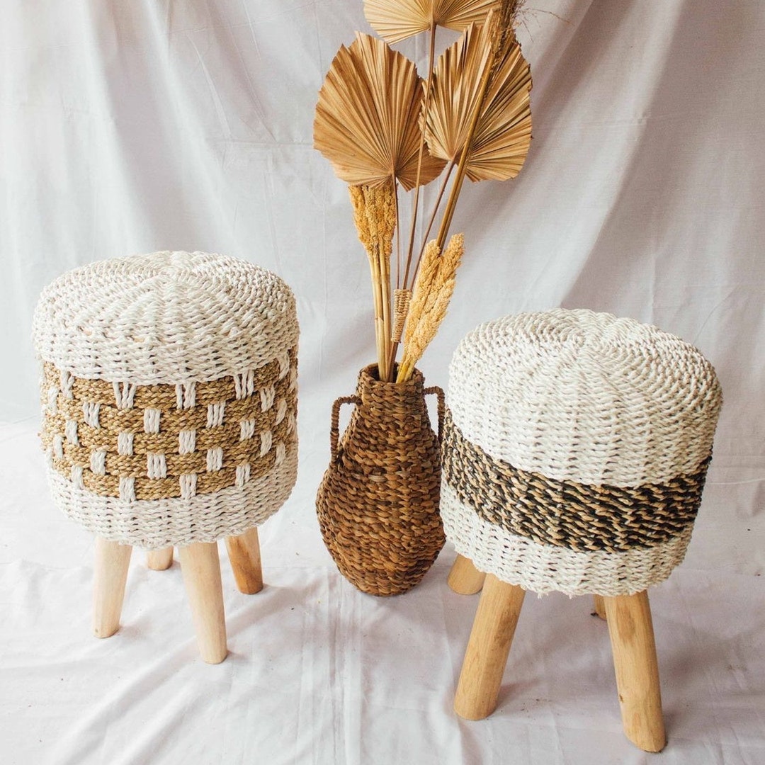 Round Seagrass Stool Wooden Stool Scandinavian Decor - Etsy