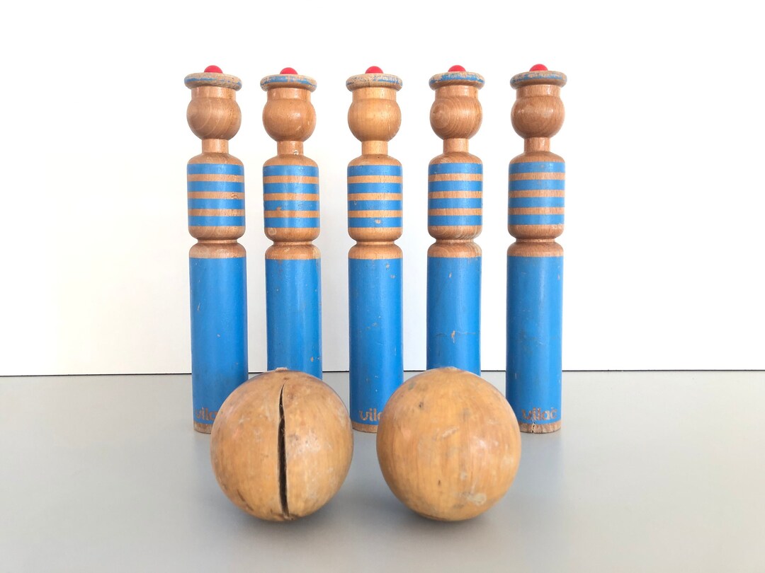 Set vintage di 5 birilli con 2 palline di vilac, birilli giocattolo blu ...