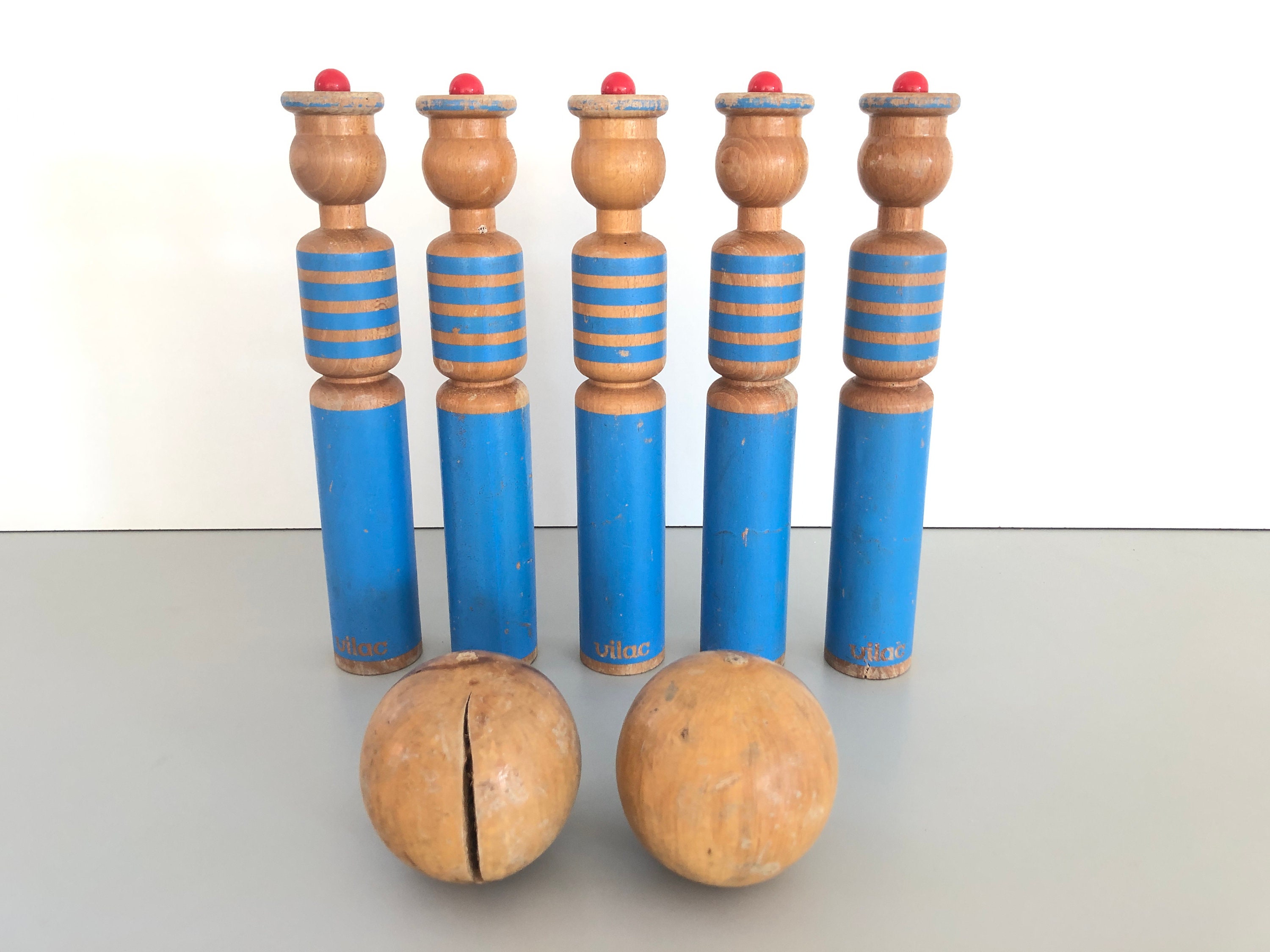 Set vintage di 5 birilli con 2 palline di vilac, birilli giocattolo blu ...