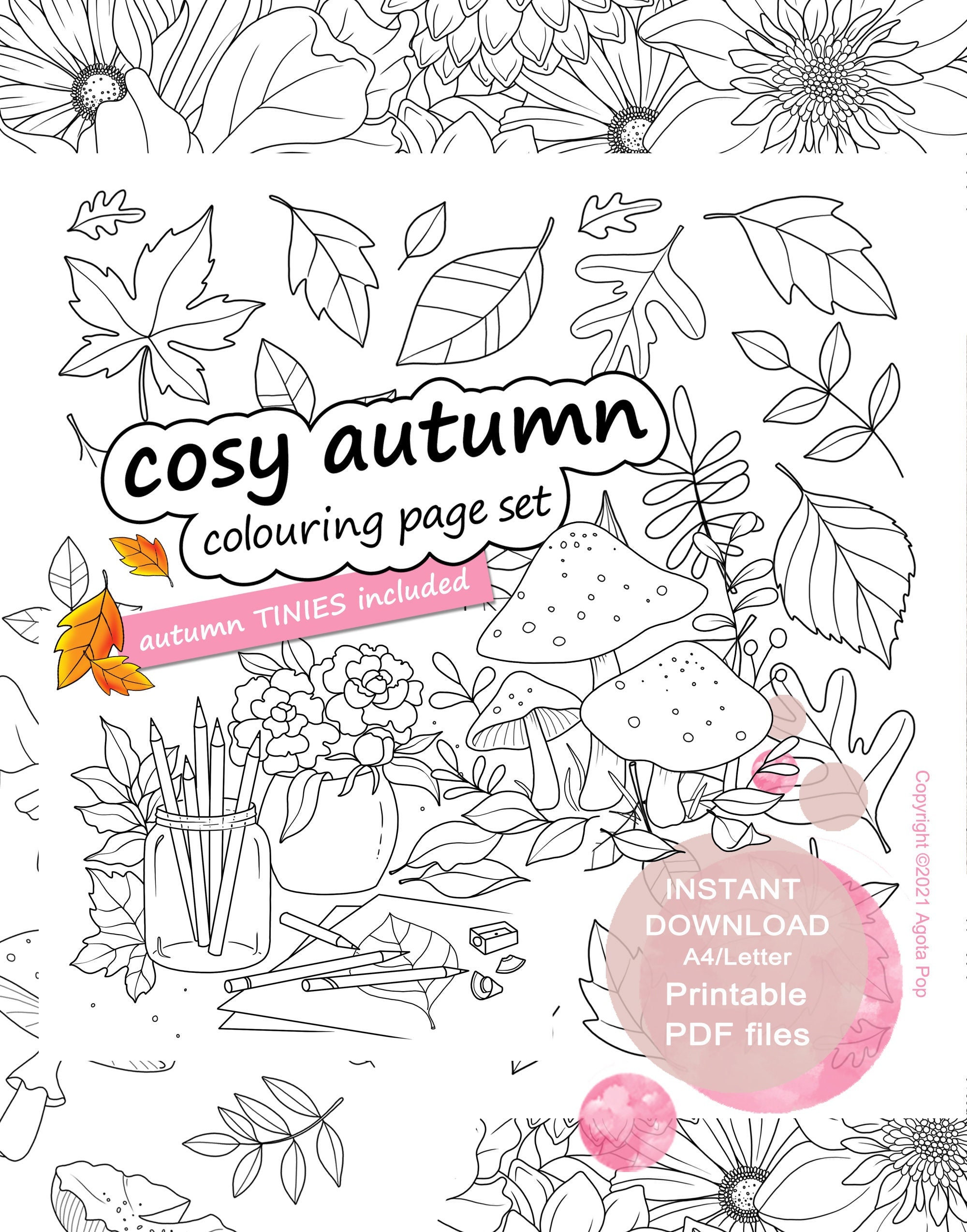 Cosy Autumn Colouring Page Set for Adults. TINIES INCLUDED. - Etsy