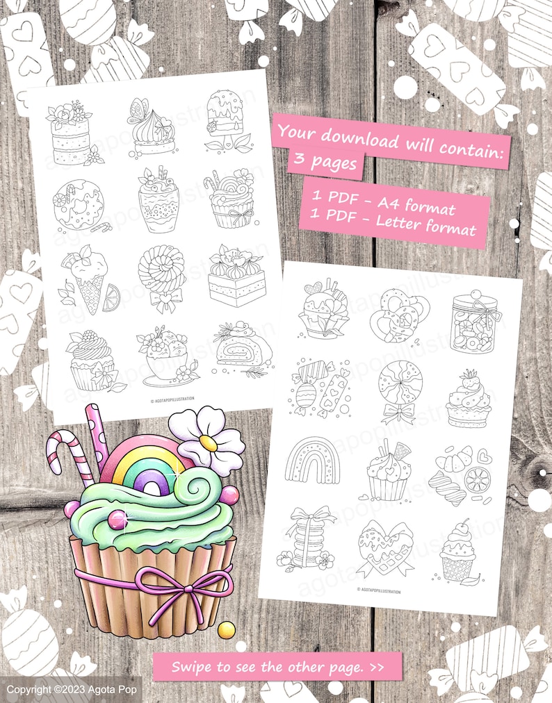 Sweets Coloring Page Set: Tiny Illustrations, Full Page Candy Wreath ...