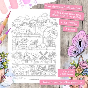 MAY Tinies on Shelves Coloring Page Set: Tiny Houses, Floral Theme ...