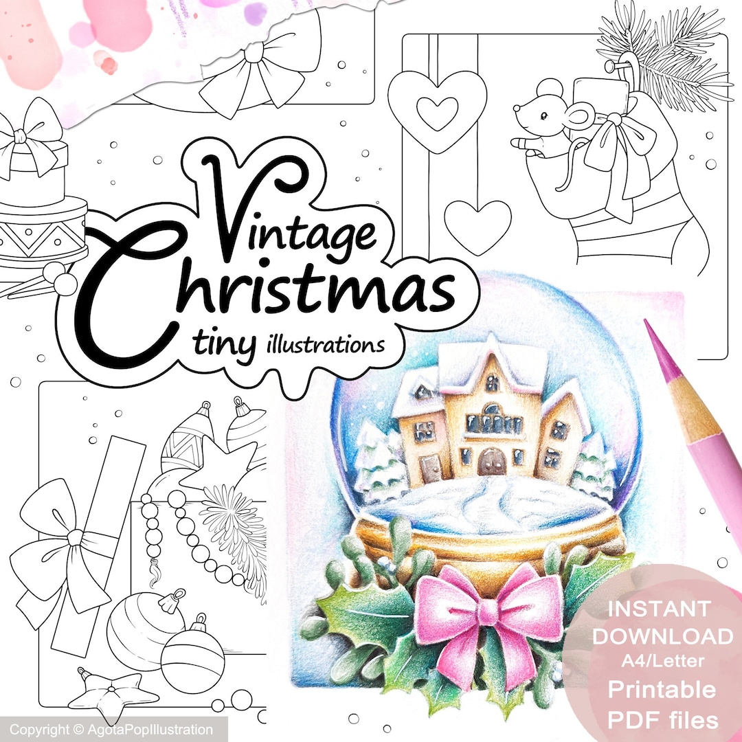 Vintage Christmas Colouring Page Set for Adults. 24 Tiny Illustrations ...