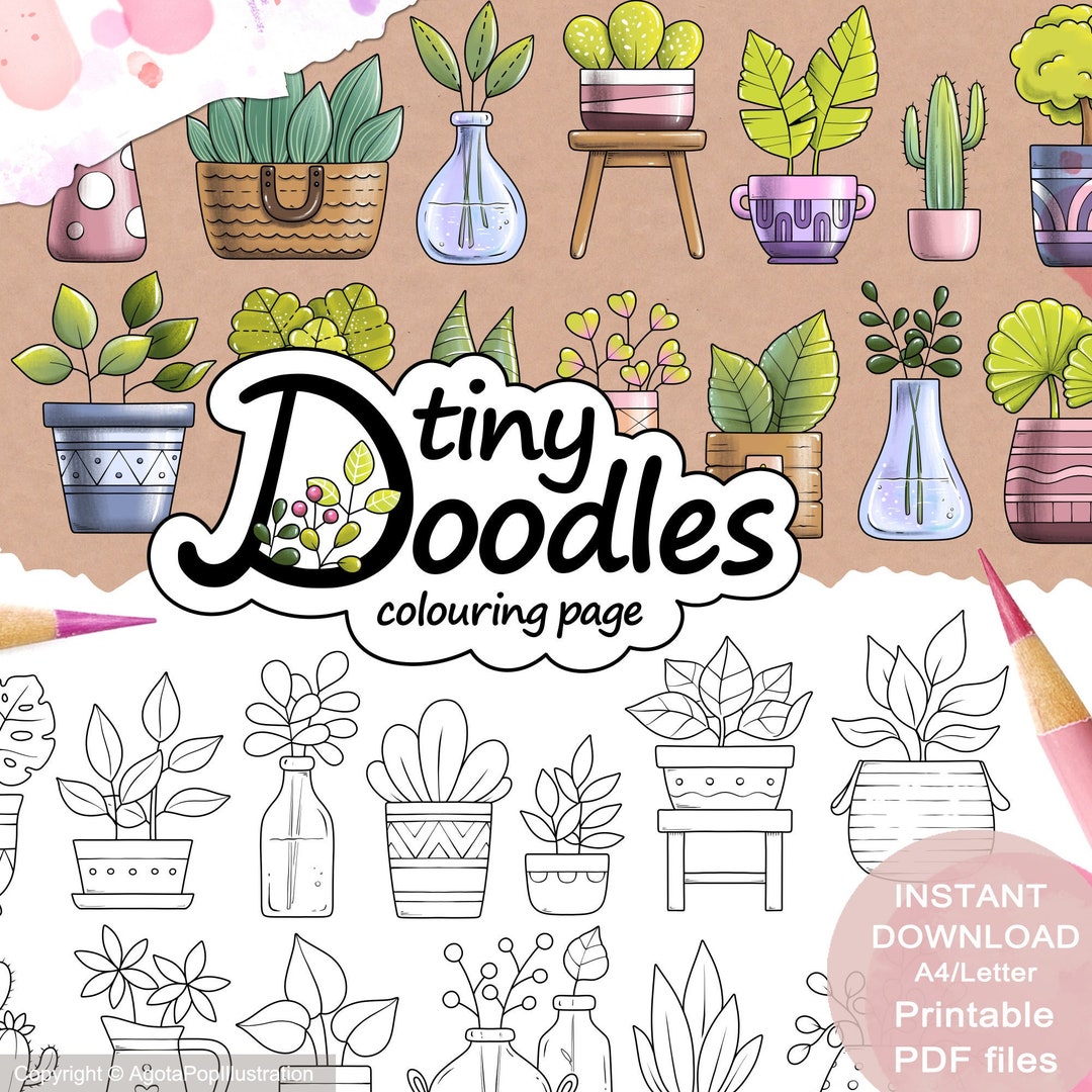 Tiny Doodles Colouring Page for Adults. Leafy Plants in Pots. Printable ...