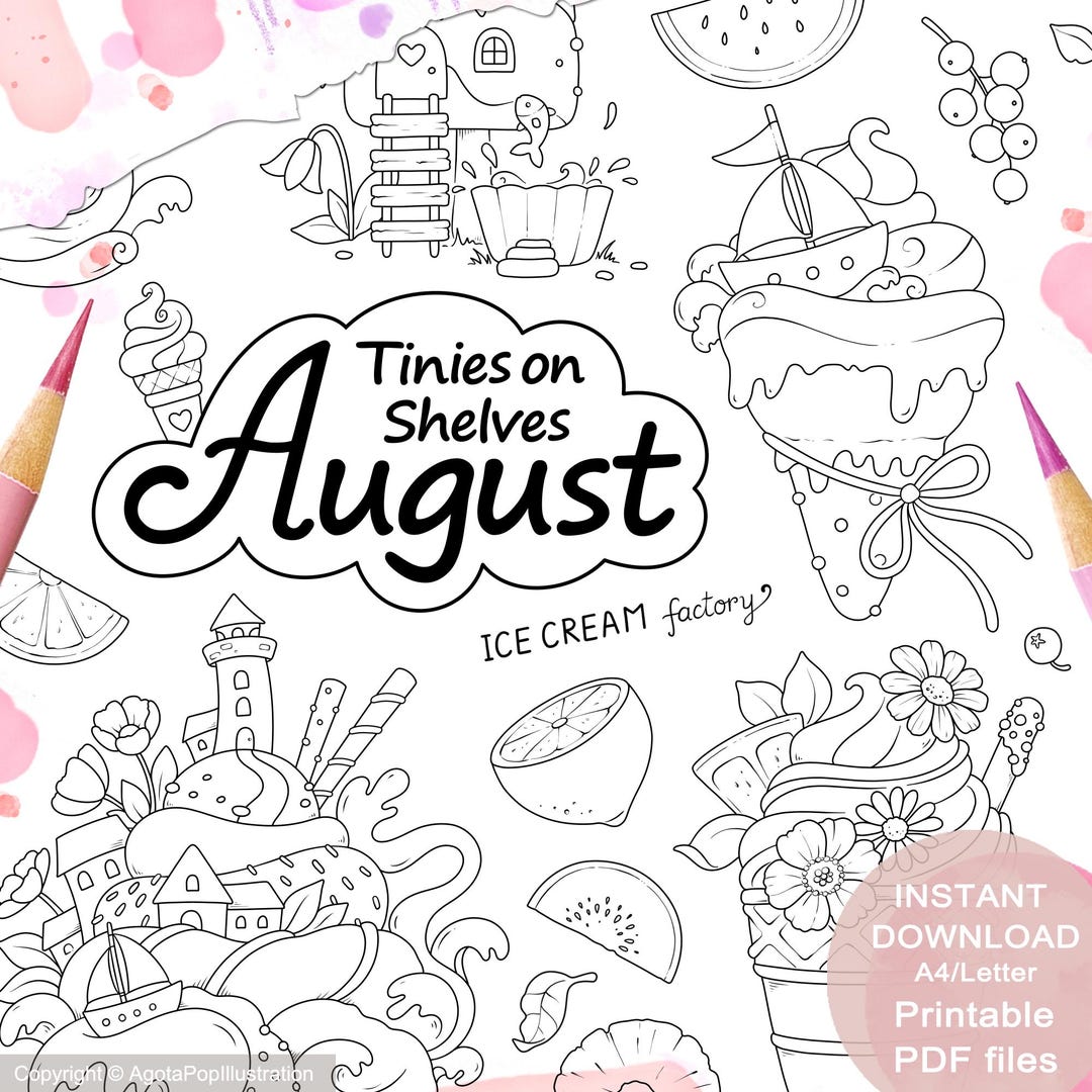 AUGUST Tinies on Shelves Coloring Page Set: Ice Cream, Fruits ...