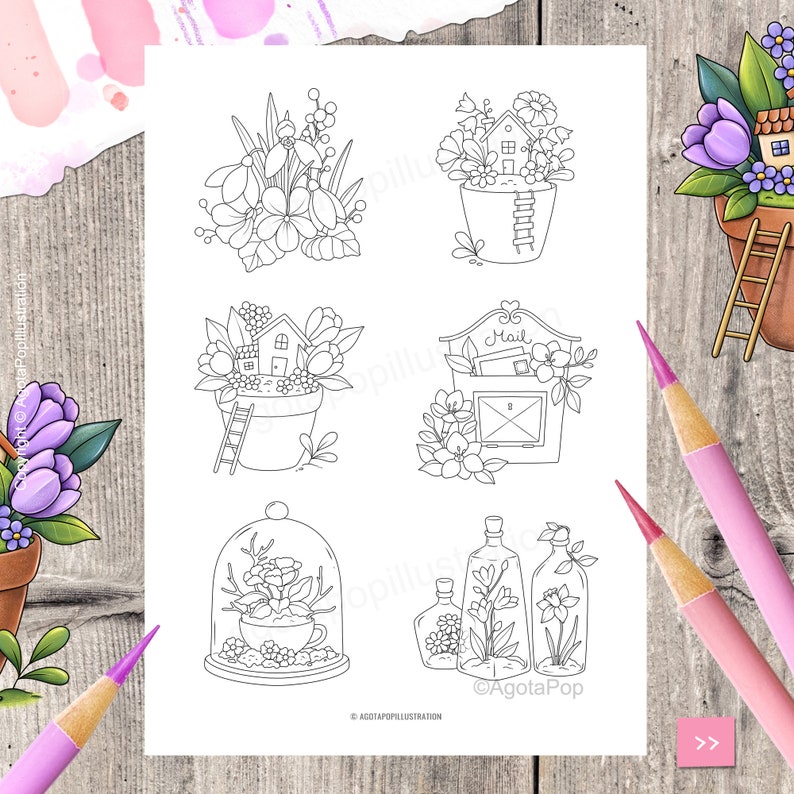 Spring Floral Coloring Page Set: 24 Tiny Illustrations (printable PDF ...