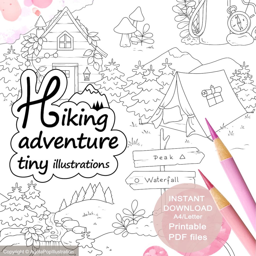 Hiking Adventure Colouring Page Set for Adults. 24 Tiny Illustrations ...