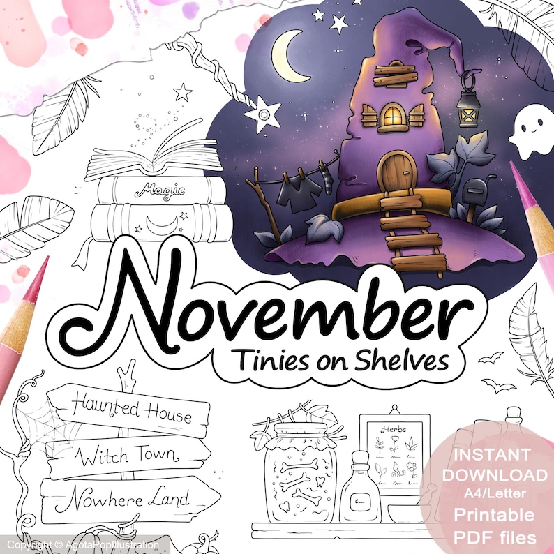 NOVEMBER Tinies on Shelves Coloring Page Set (printable PDF) - Etsy