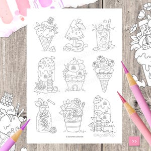 AUGUST Tinies on Shelves Coloring Page Set: Ice Cream, Fruits ...
