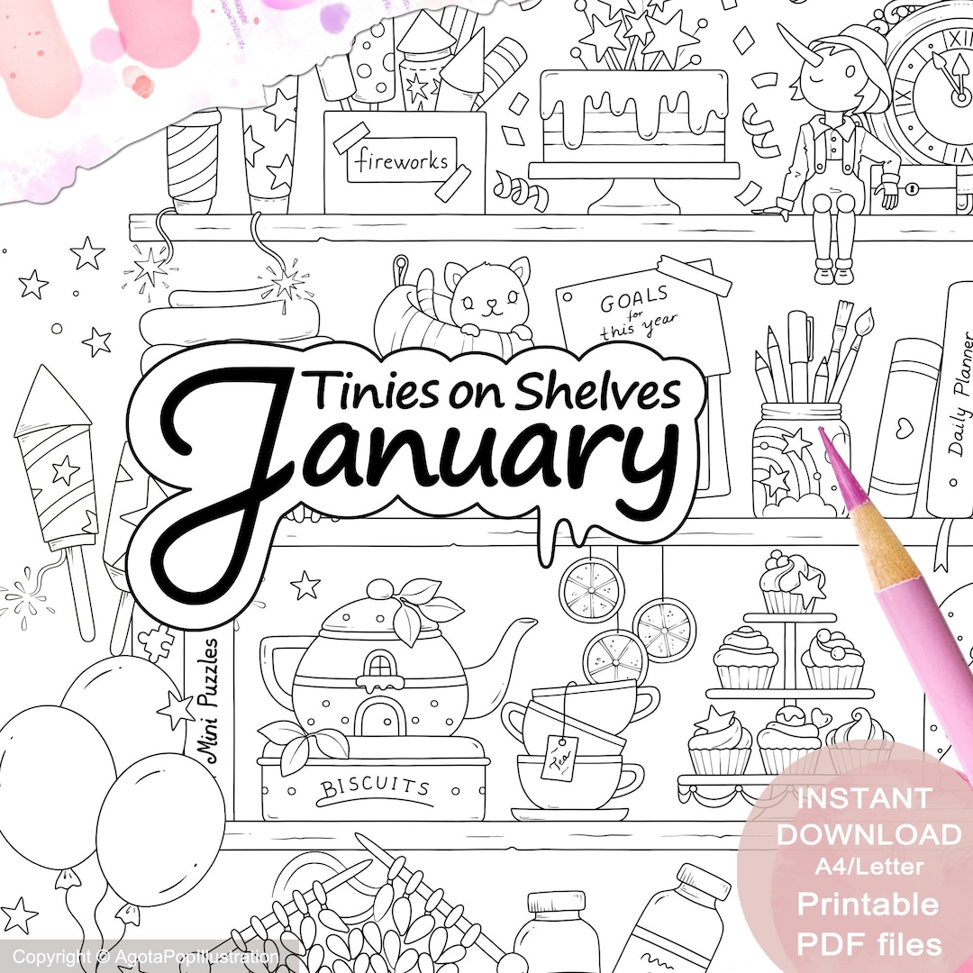 Tinies on Shelves JANUARY Colouring Page Set for Adults. 3 Pages ...