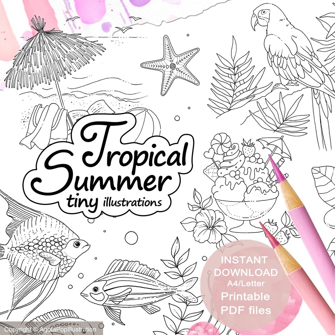 Tropical Summer Tiny Illustrations to Colour for Adults. Underwater ...