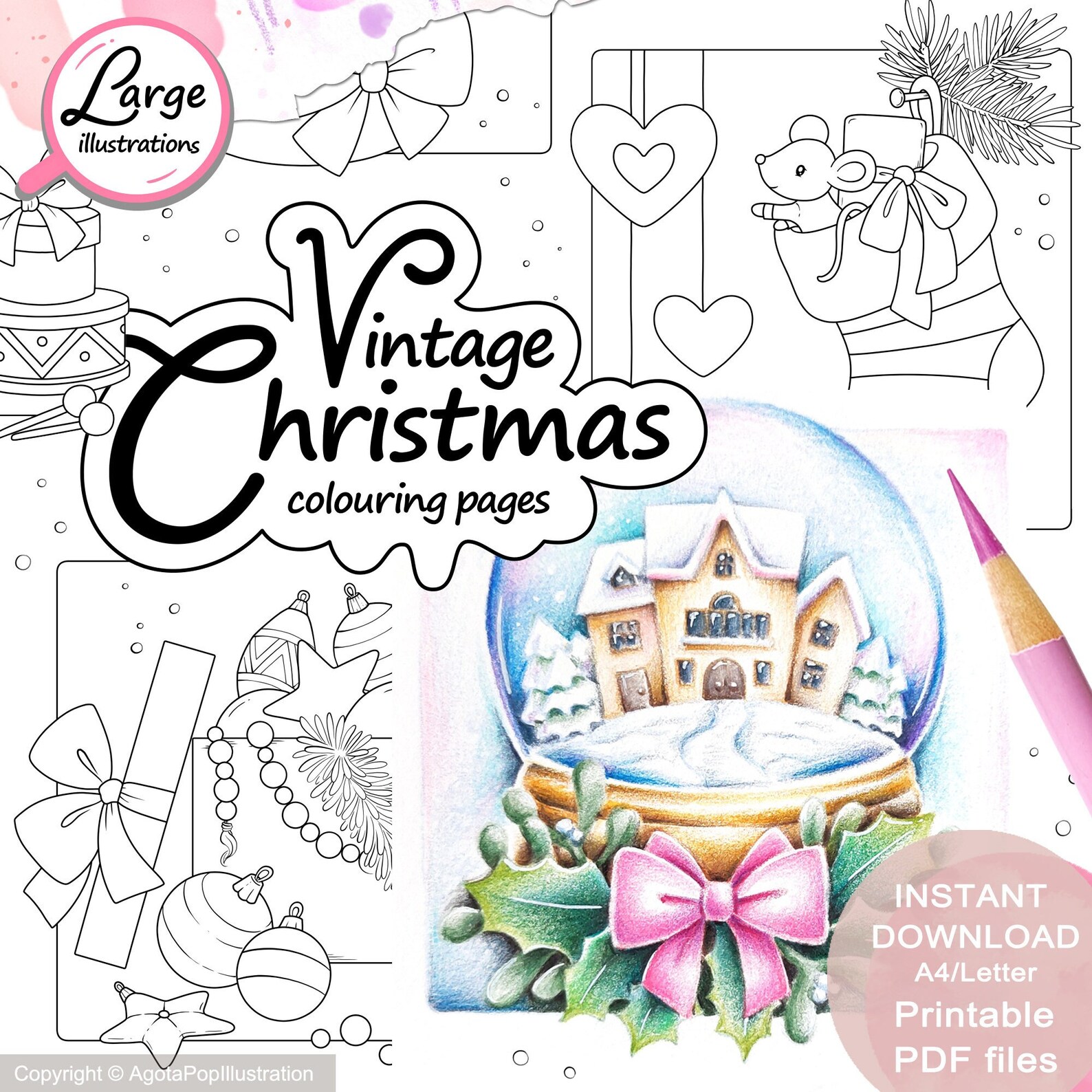Vintage Christmas Coloring Pages: 24 Large Illustrations (printable PDF ...