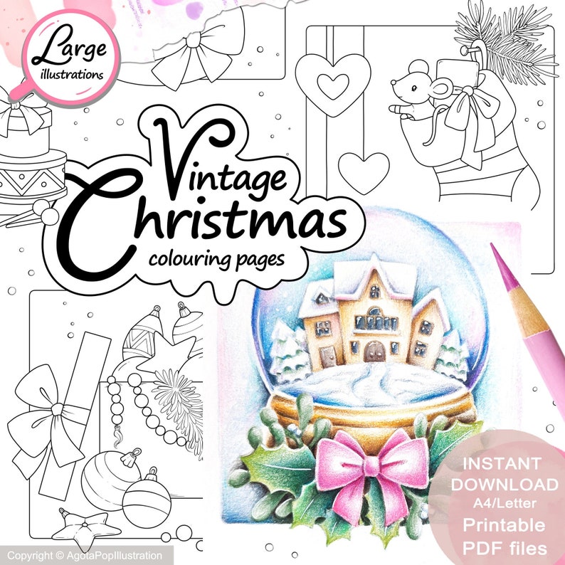 Vintage Christmas Coloring Pages: 24 Large Illustrations (printable PDF ...