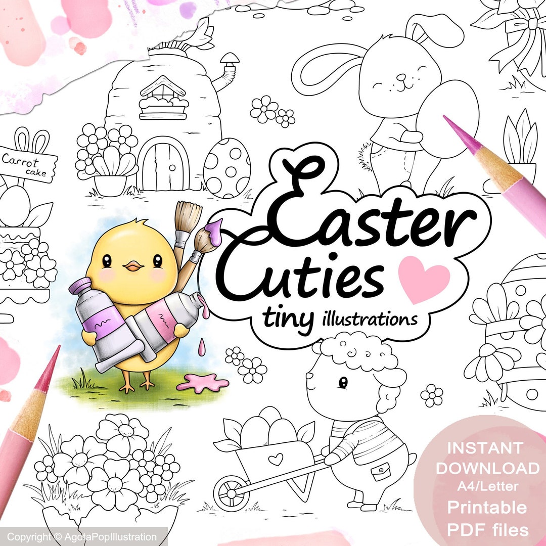 Easter Cuties Coloring Page Set: Tiny Illustrations, Full-page ...