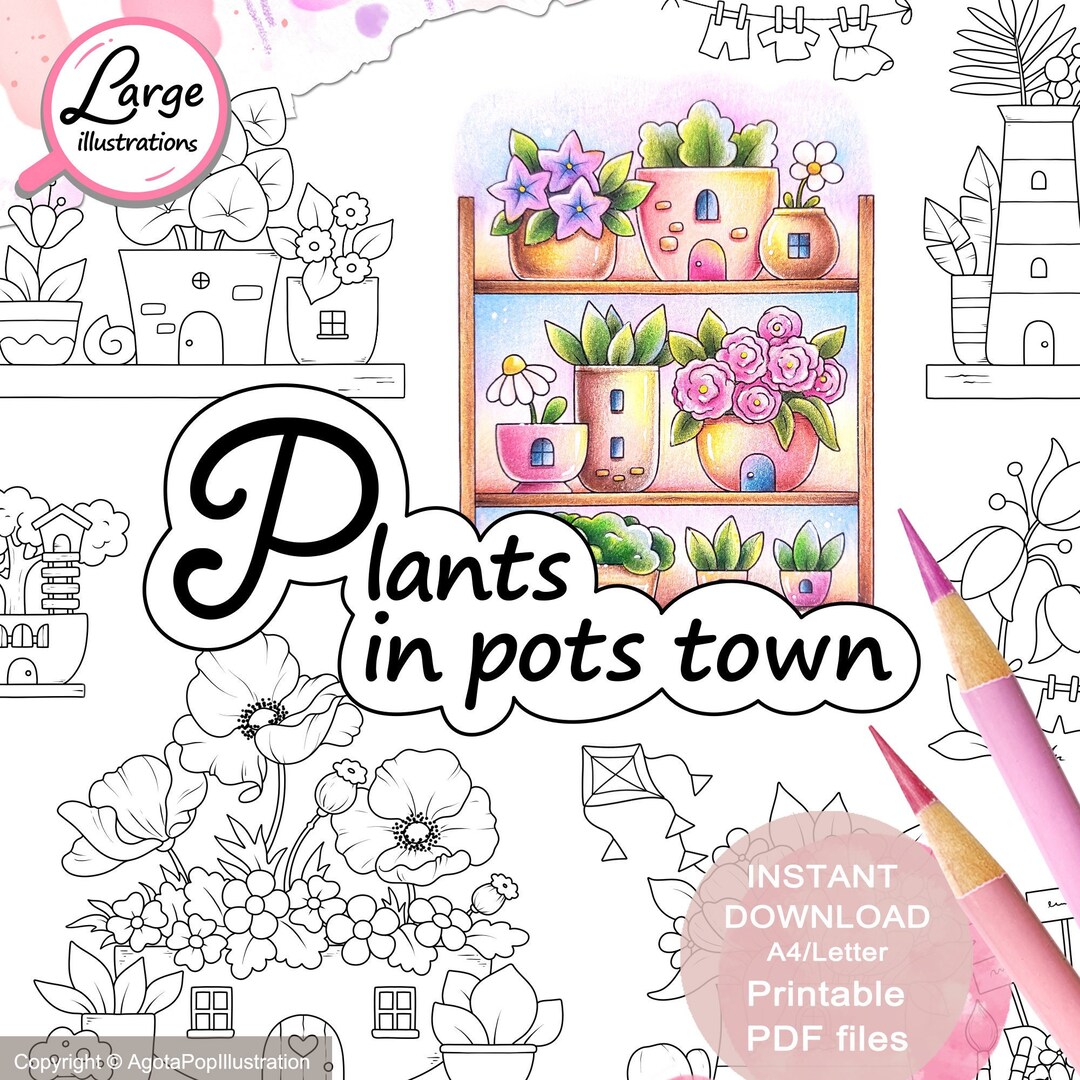 Plants in Pots Coloring Pages: Large Illustrations (printable PDF) - Etsy