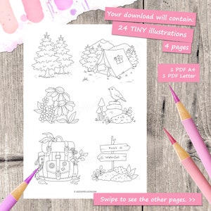 Hiking Adventure Colouring Page Set for Adults. 24 Tiny Illustrations ...
