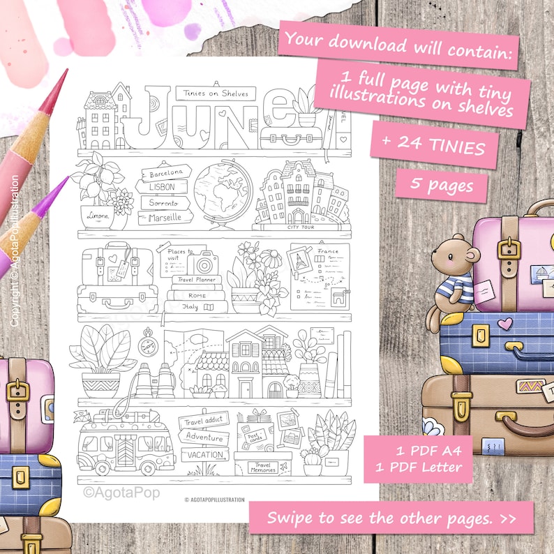 JUNE Tinies on Shelves Coloring Page Set: Travel Theme (printable PDF ...