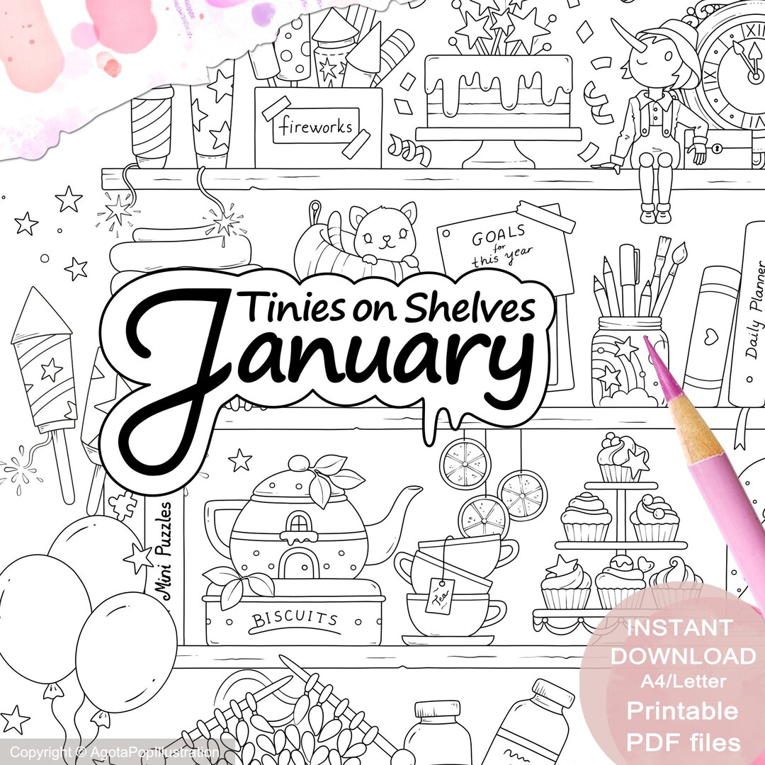 JANUARY Tinies on Shelves Coloring Page Set: New Year's Theme ...
