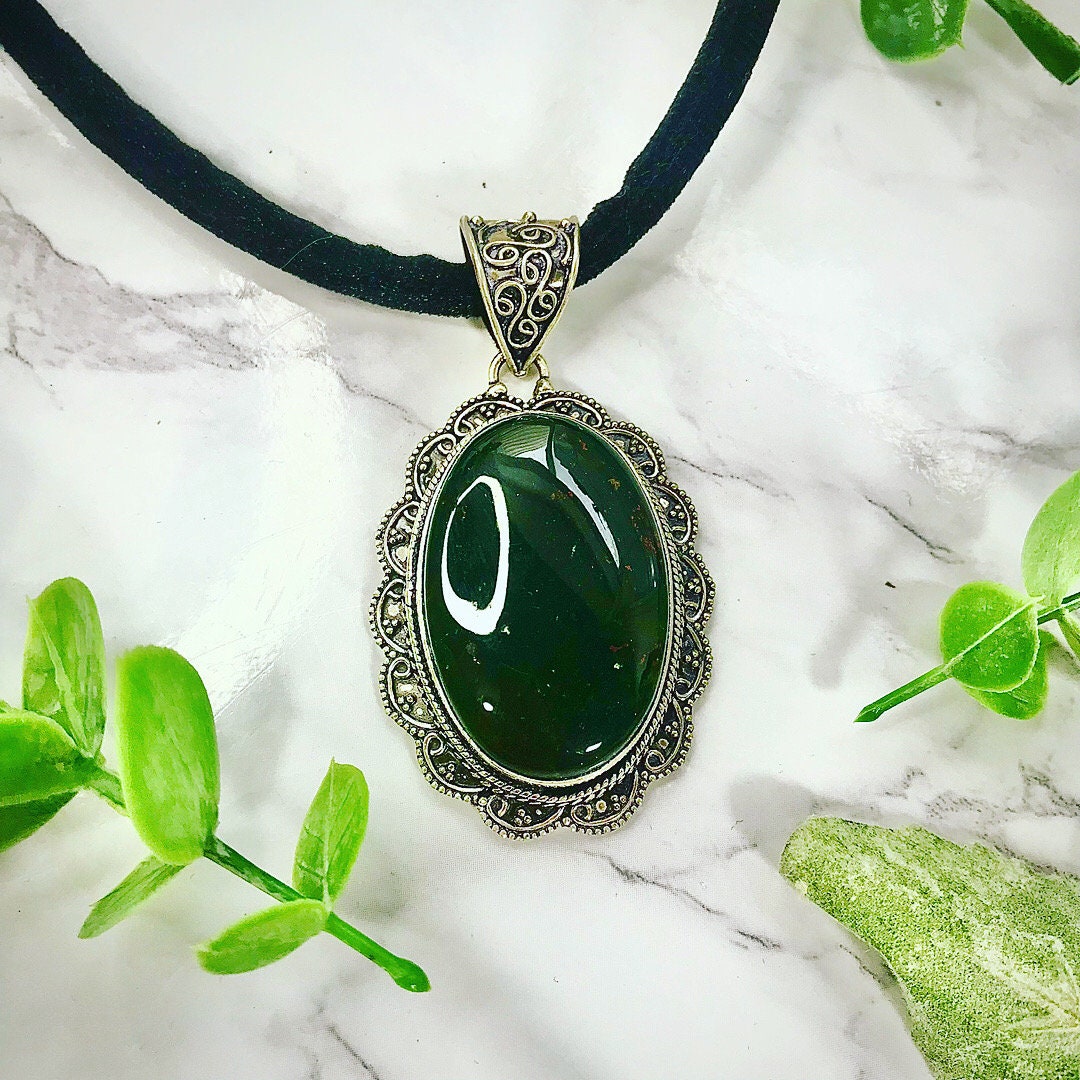 925 Sterling Silver Filigree Bloodstone Black Velvet Choker Necklace ...