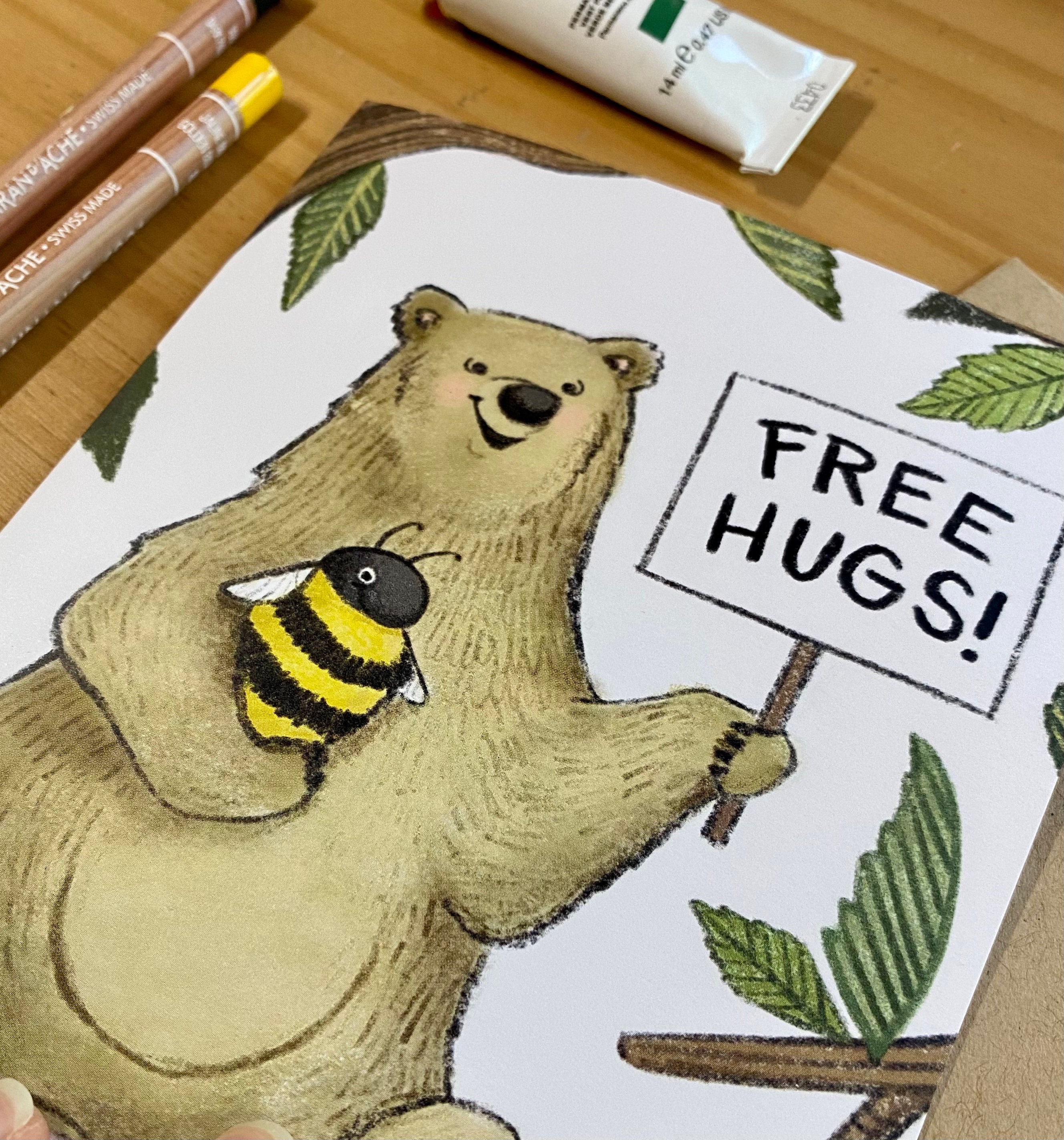 Free Hugs Bear Hug Illustrated Encouragement Card Get Well Card ...
