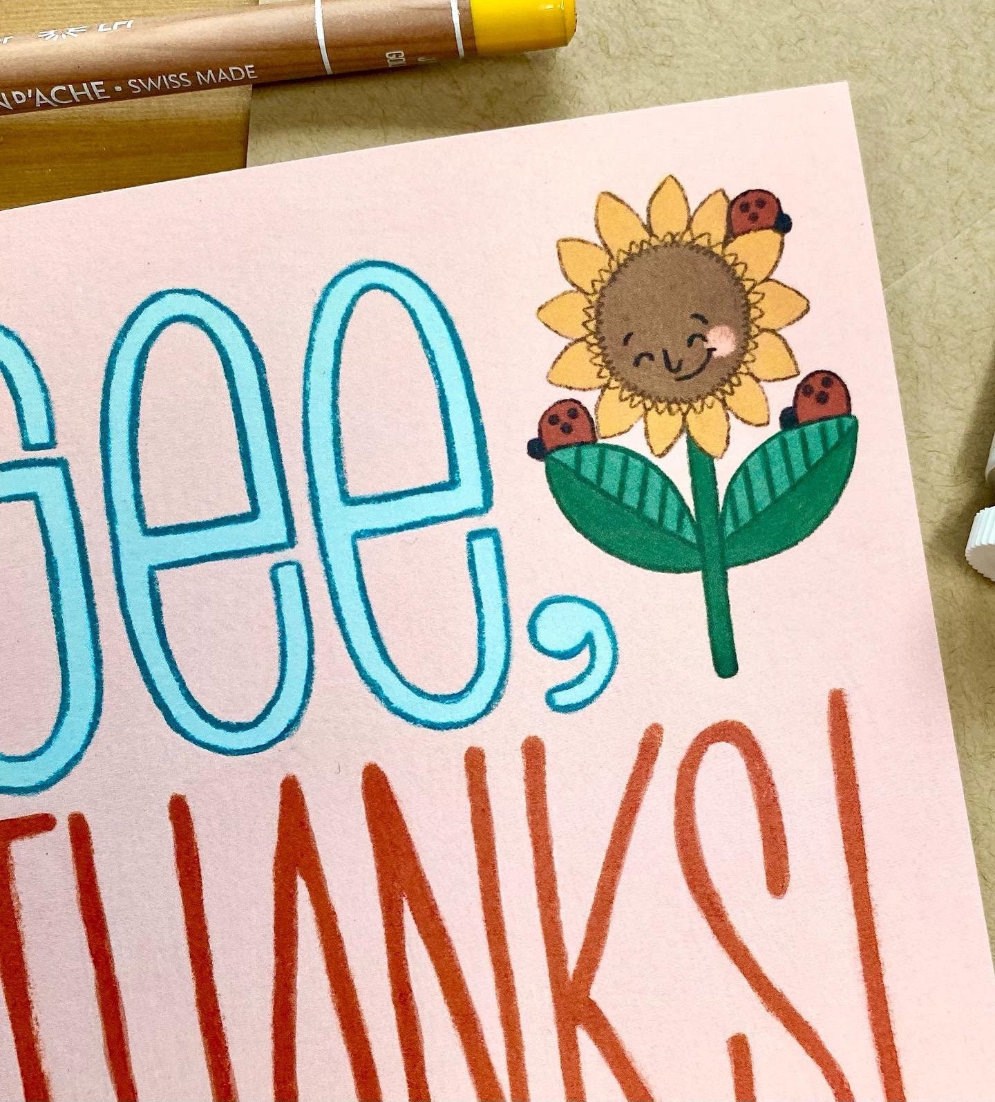 Gee Thanks Illustrated Thank You Card Handmade Greeting Card 5x7 - Etsy