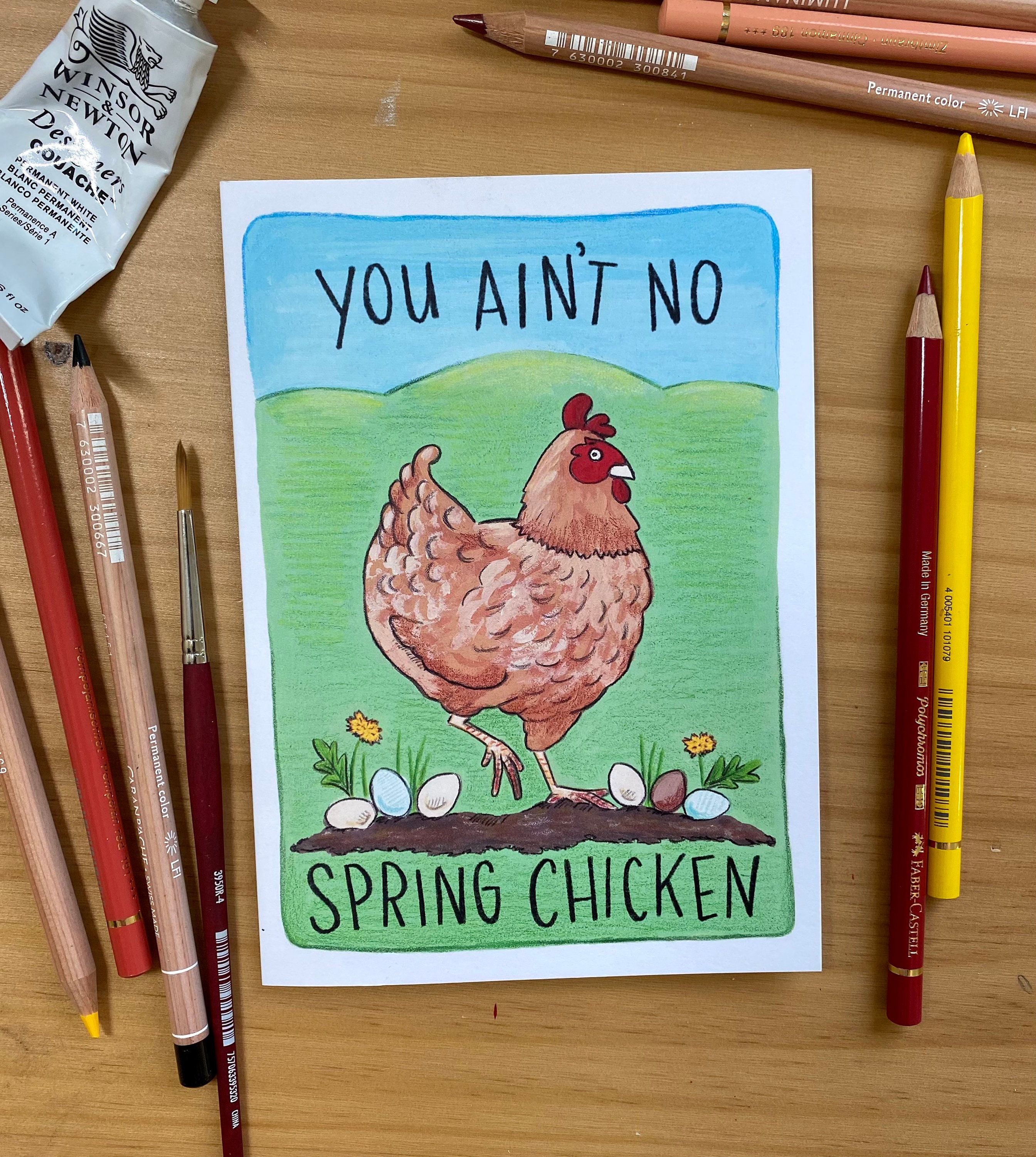Spring Chicken Illustrated Birthday Card 5x7 Greeting Card - Etsy