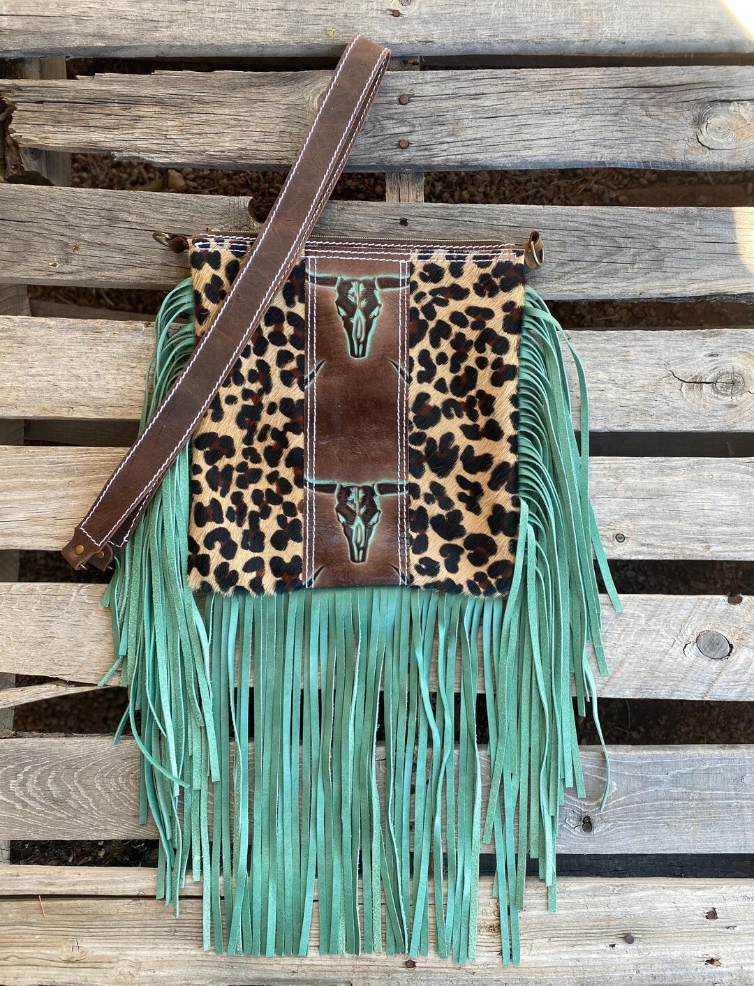 Western Cheetah Turquoise Longhorn Fringe Crossbody Handbag Purse - Etsy